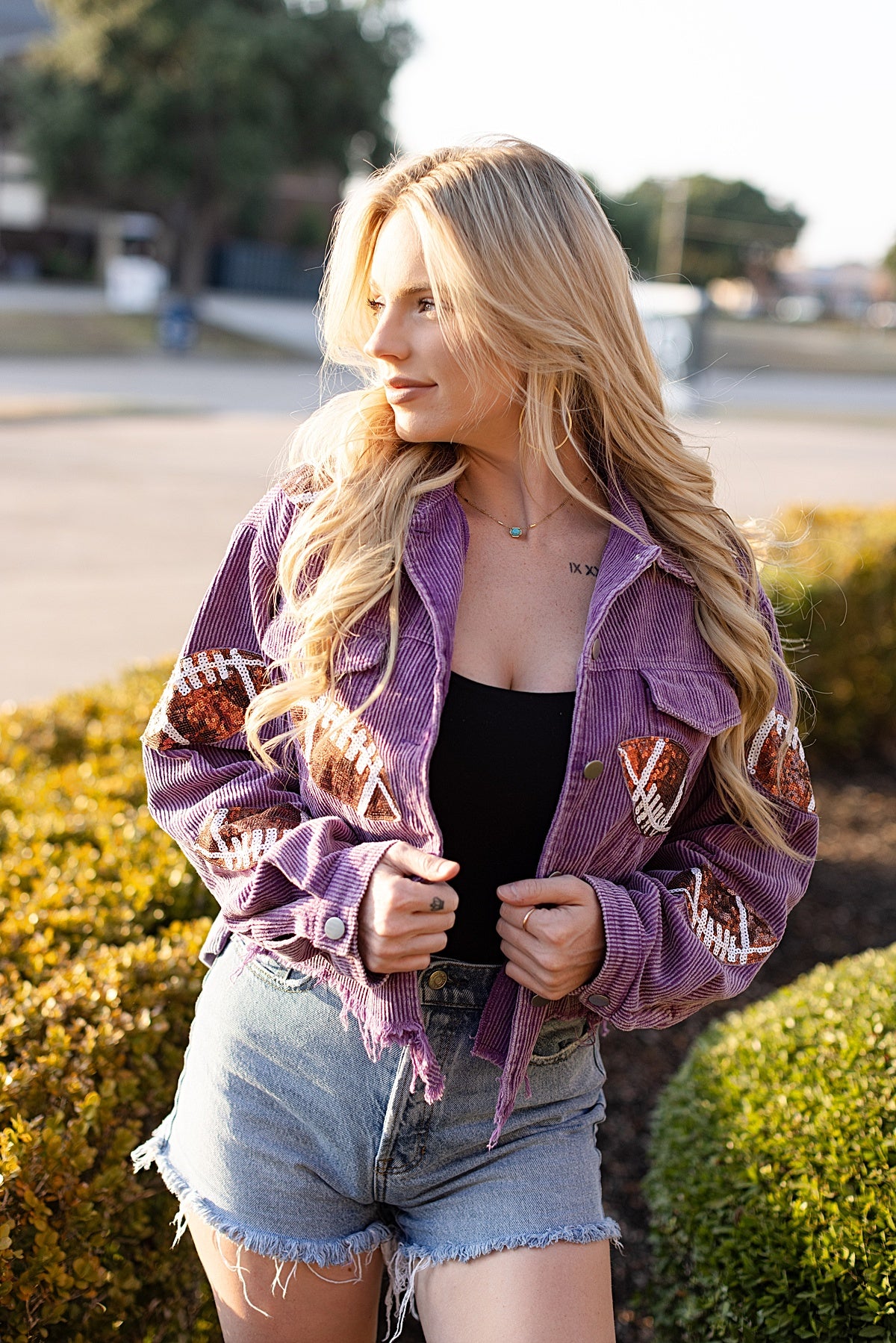 Vintage Washed Football Sequin Bling Corduroy Jacket | Adorabella Boutique